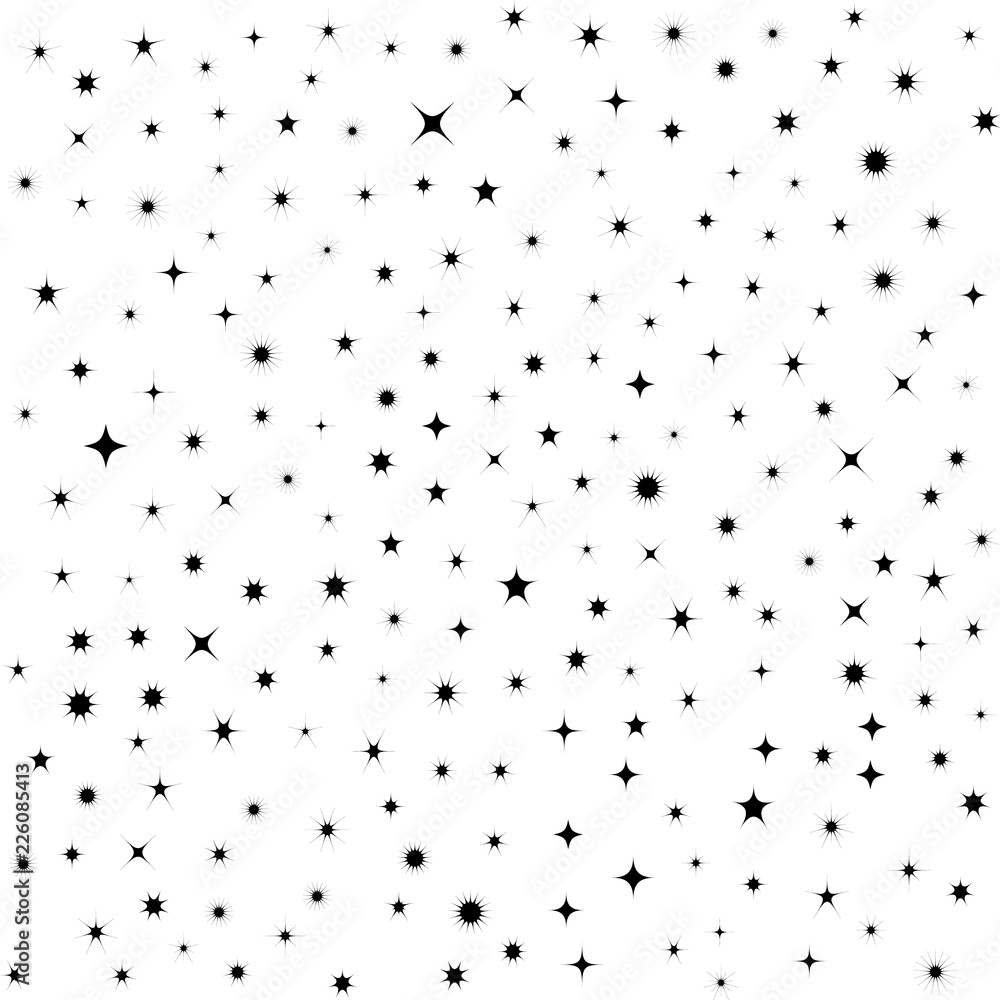 Twinkling stars pattern, starry sky background, black isolated on white, vector illustration ...