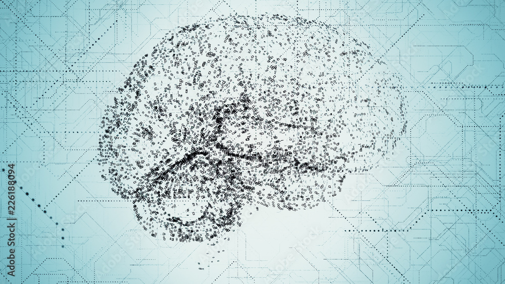 Digital Artificial Intelligence dark blue brain appears in a particle of binary data scan in ...