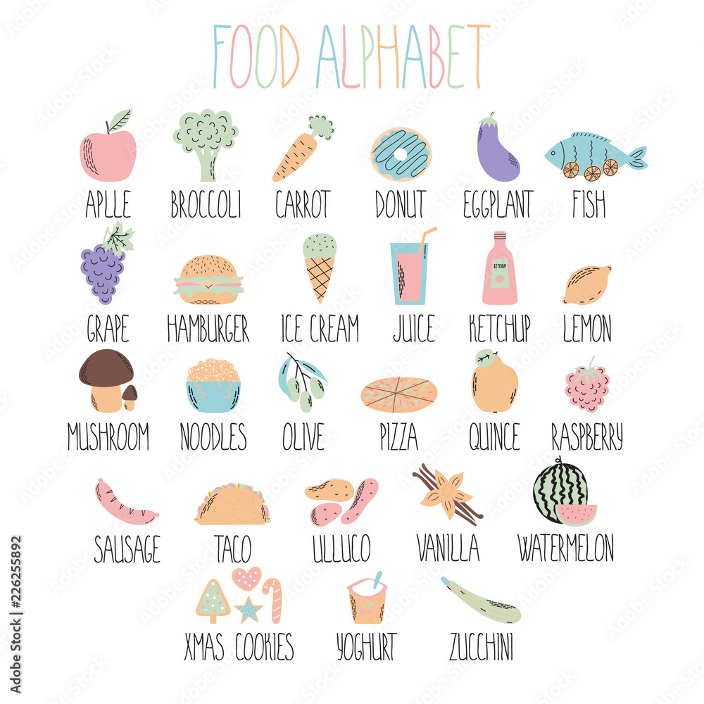 Stylish food alphabet. A to Z. Alphabet made of vegetables, fruits and ...