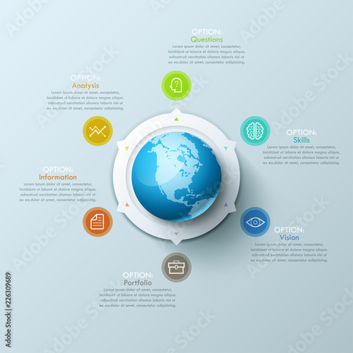 Modern Infographic design layout with planet Earth in center and arrows ...