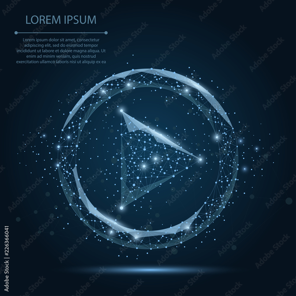 Abstract line and point blue play video icon on dark blue night sky ...
