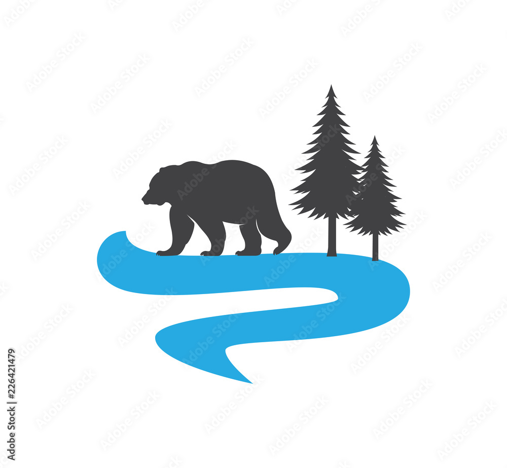 animal bear on park land with river and pine tree vector illustration ...