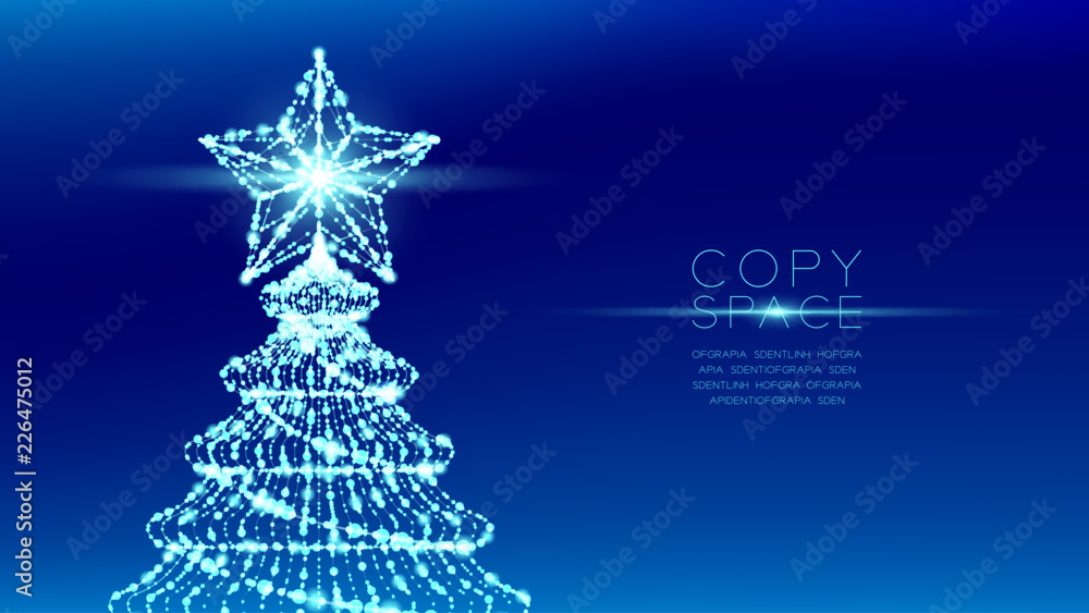 Christmas Tree with Star wireframe polygon bokeh light frame structure and lens flare ...