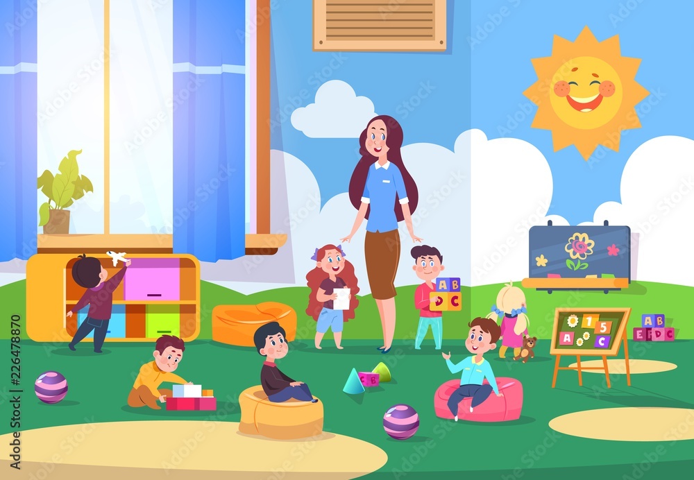 Kids playing kindergarten class. Cute children learning in classroom ...