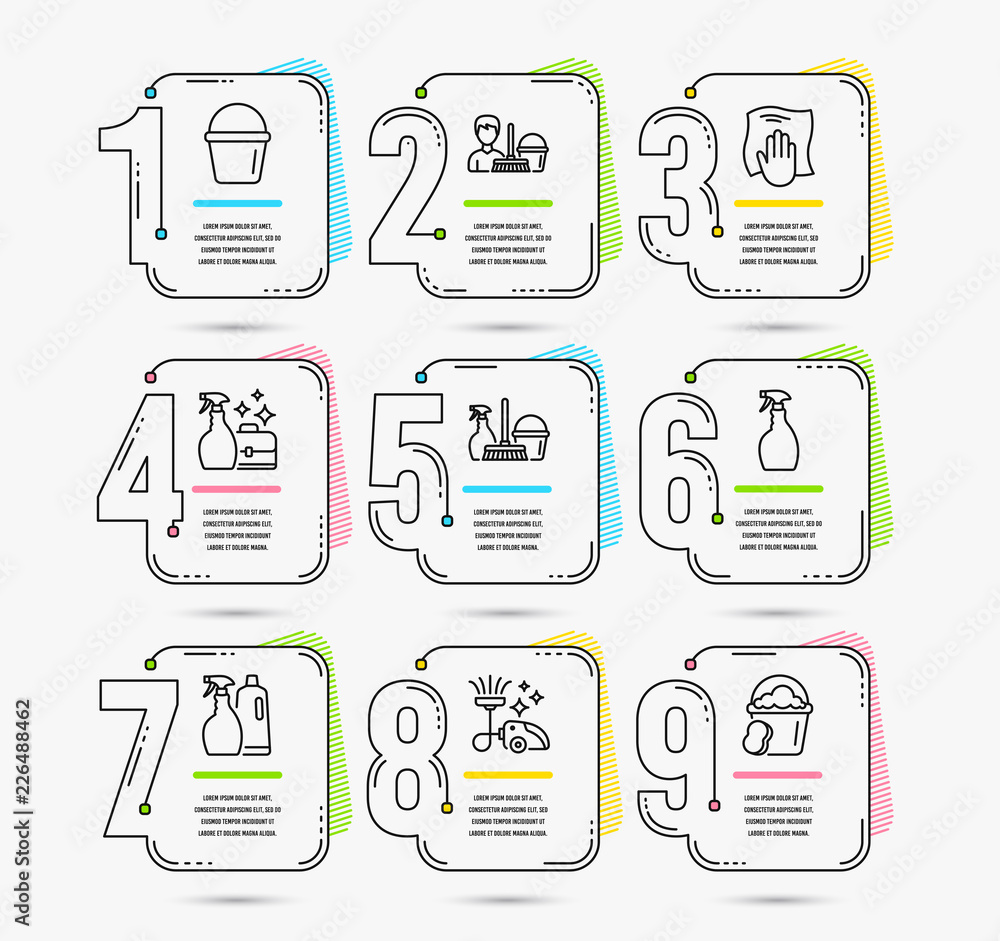 Infographic template with numbers 9 options. Set of Bucket, Vacuum ...