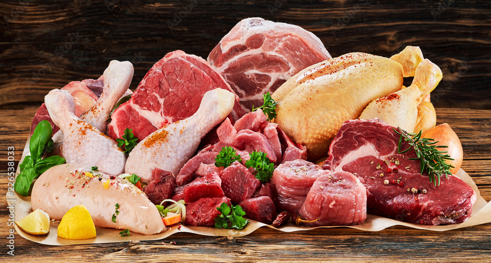 Стоковое фото «Raw meat assortment, beef, chicken, turkey» | Adobe Stock