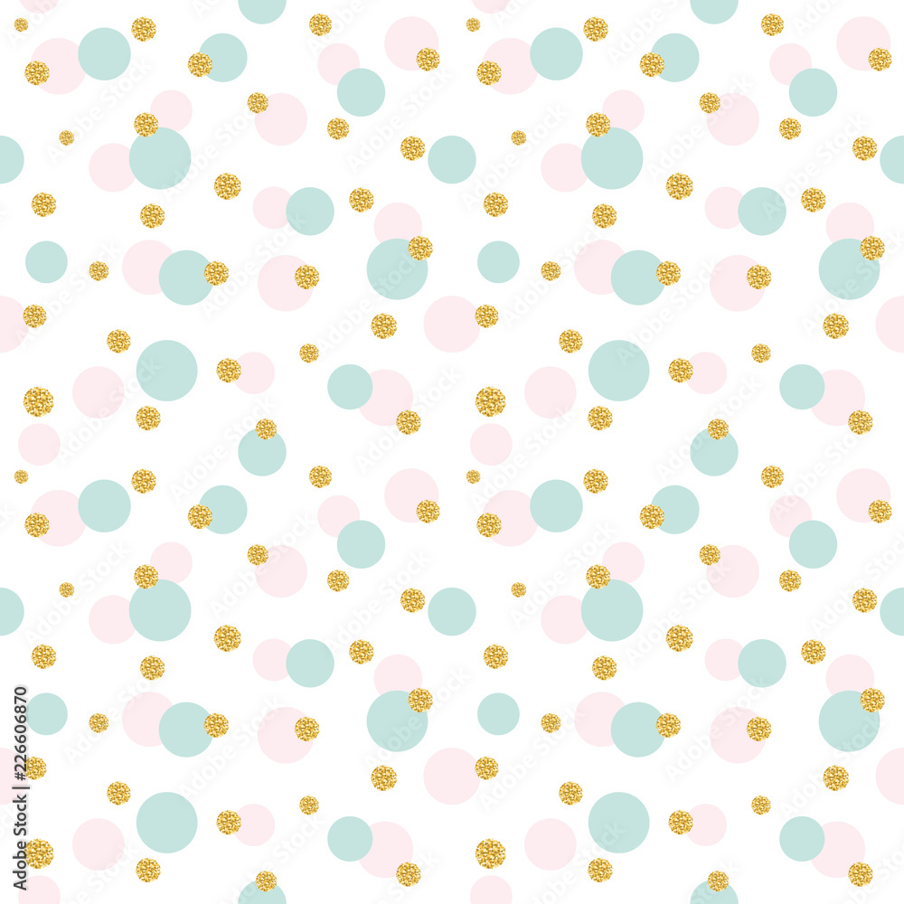 Glitter confetti polka dot pattern background. Golden and pastel colors ...