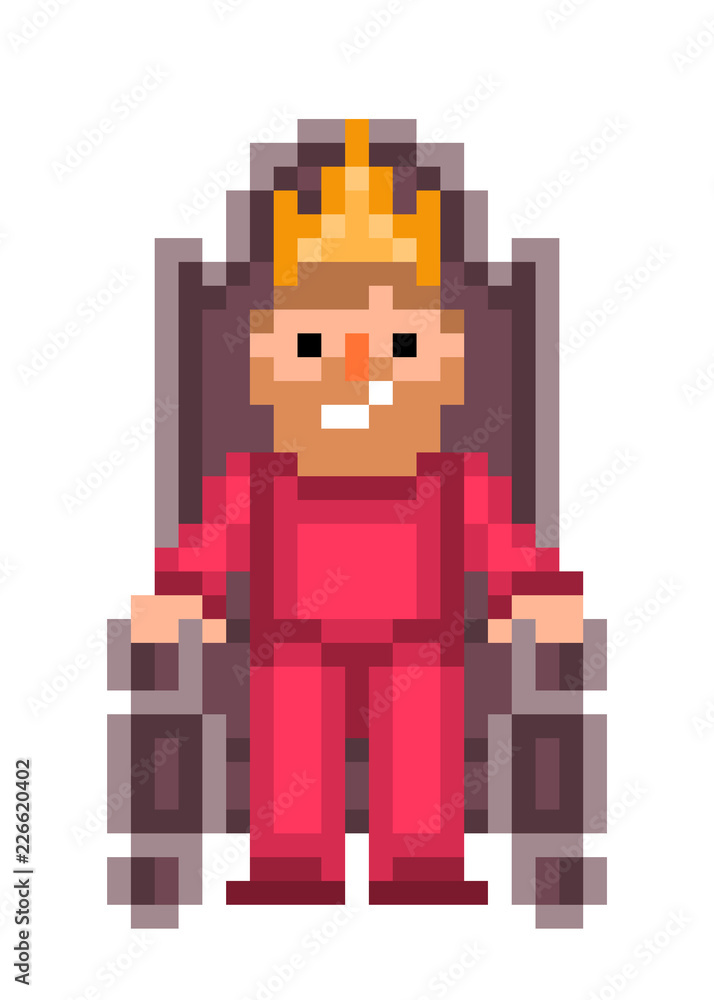 King sitting on a throne in a red costume and a golden crown, pixel art ...