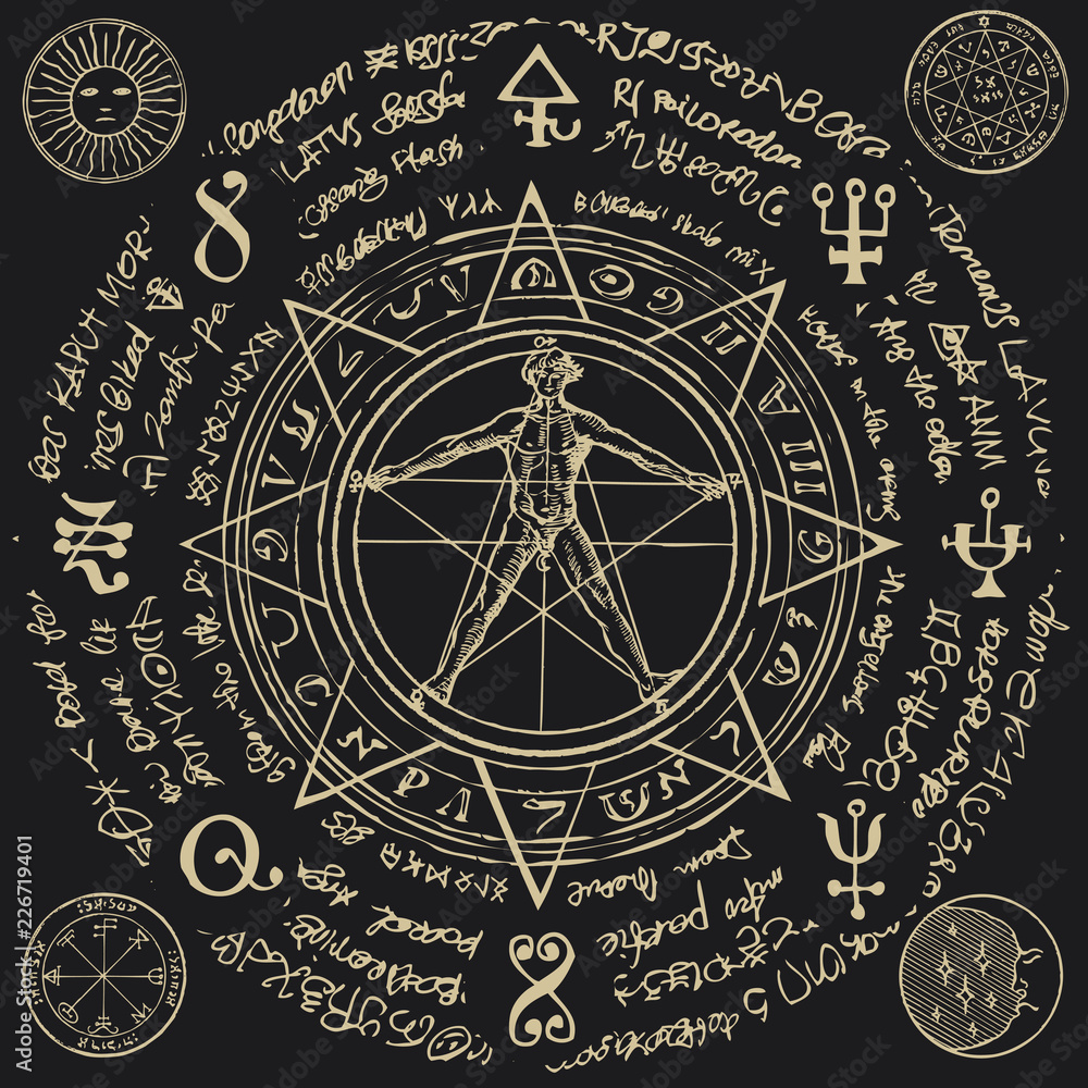 Illustration of a human figure in an octagonal star with magical ...