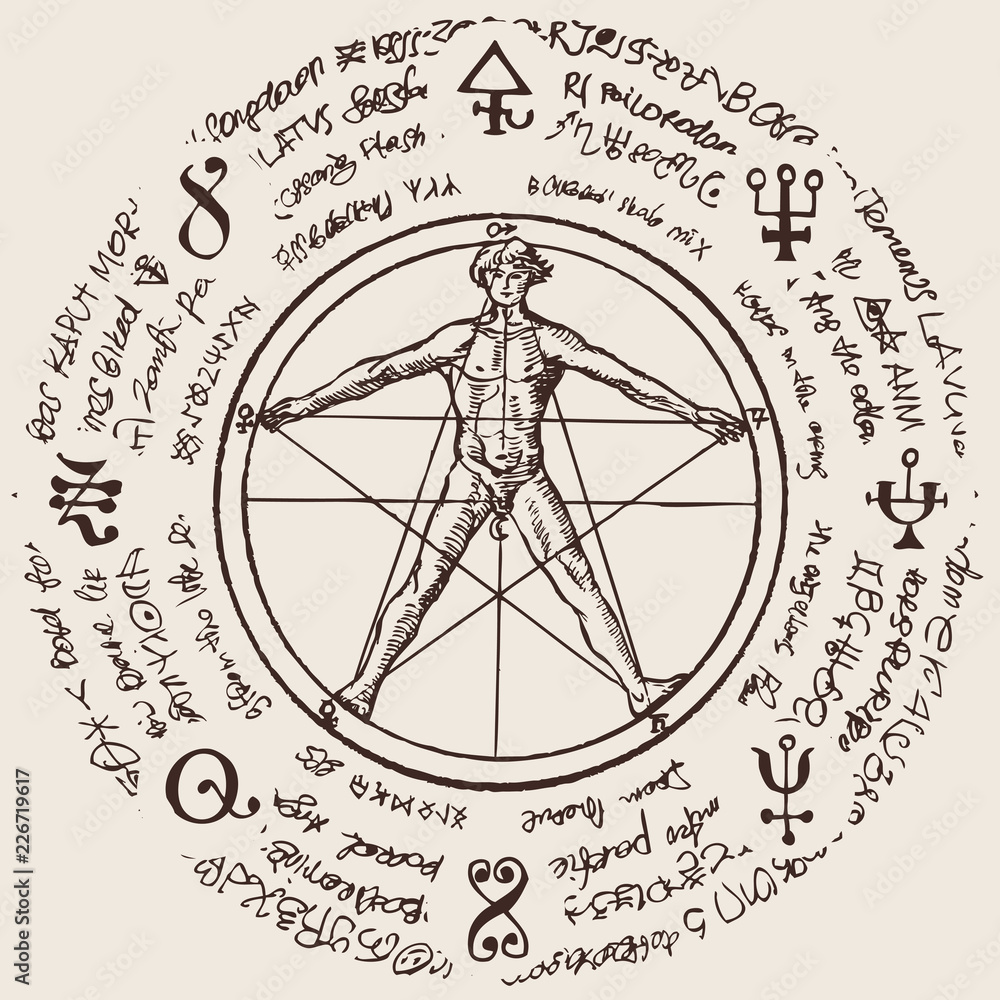 Illustration of a human figure in an octagonal star with magical ...