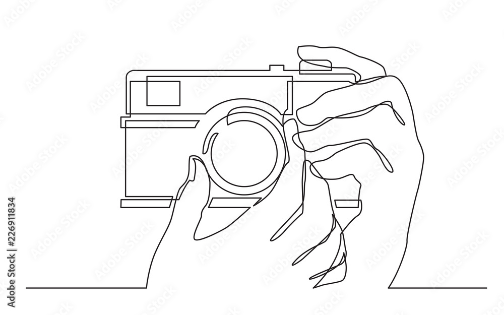 continuous line drawing of hand holding photo camera making pictures ...