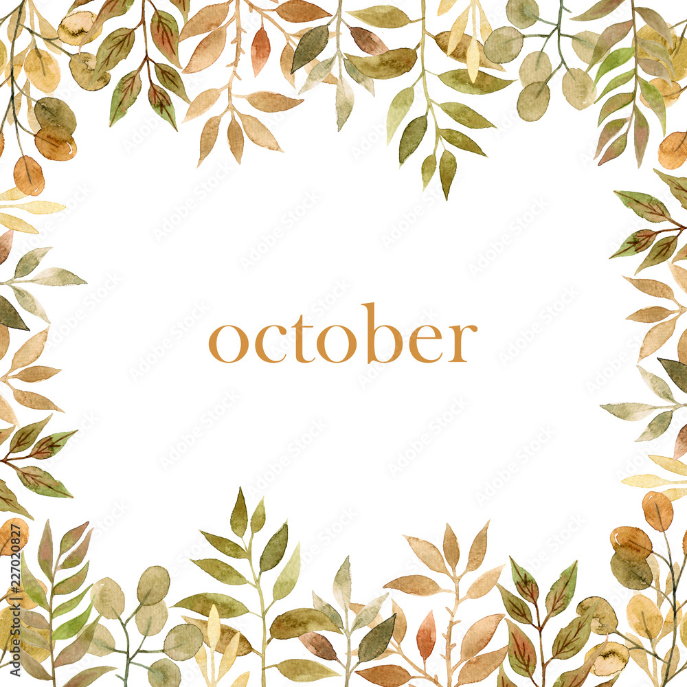 watercolor autumn season frame template with leaves and branches, fall ...