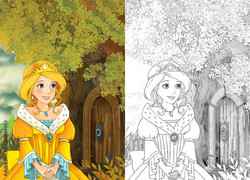 cartoon fairy tale scene with beautiful princess standing near ...