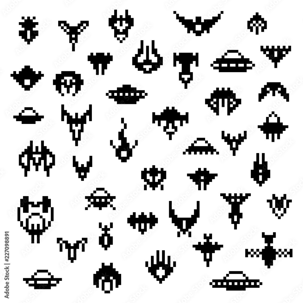 Pixel alien spaceships, a vector set of retro style 8 bit icons, old ...