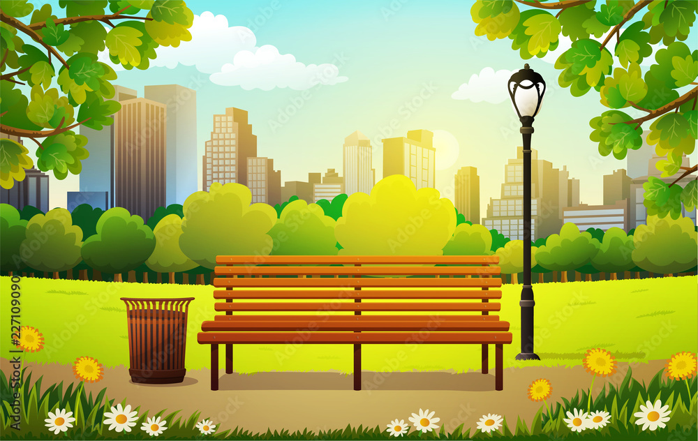 Vector illustration of bench and streetlight in city park with ...