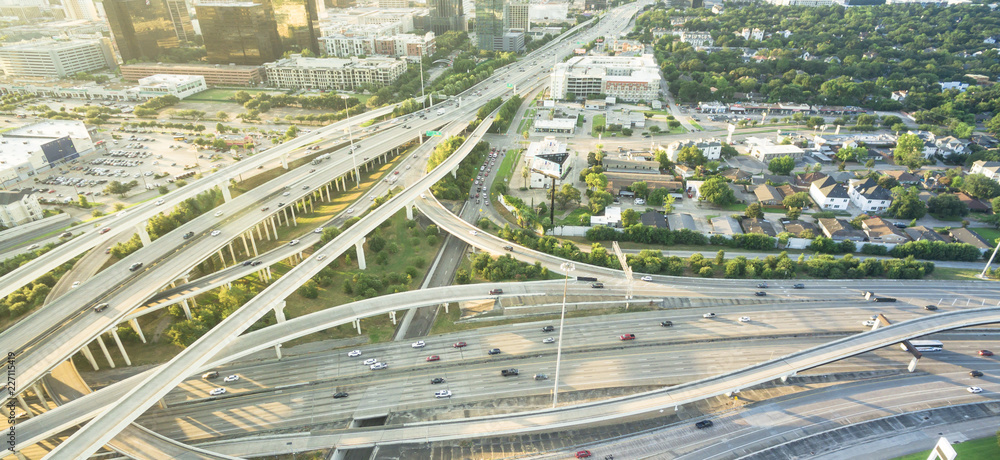 Panorama aerial Interstate I-610 freeway massive intersection and ...