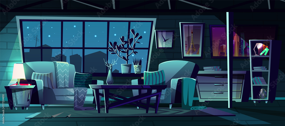 Vector cartoon illustration of modern living room at night. Cozy ...