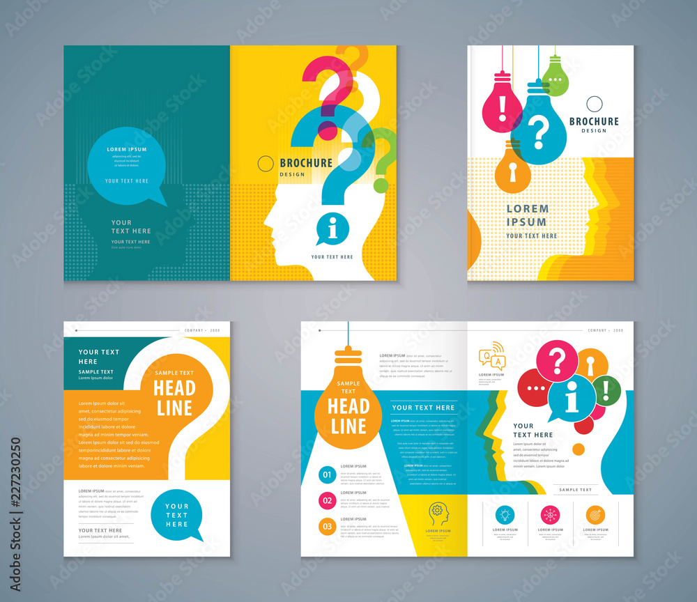 Cover Book Design Set, colorful Human head with Light Bulb and Question ...