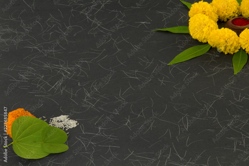 Dashera Festival apta leaf with marigold flower rangoli Stock Photo ...