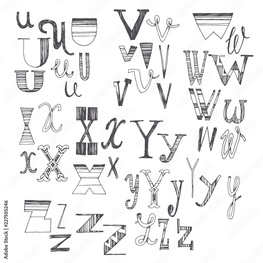 Hand drawn font with several variants of letters. U, V, W, X, Y and Z ...