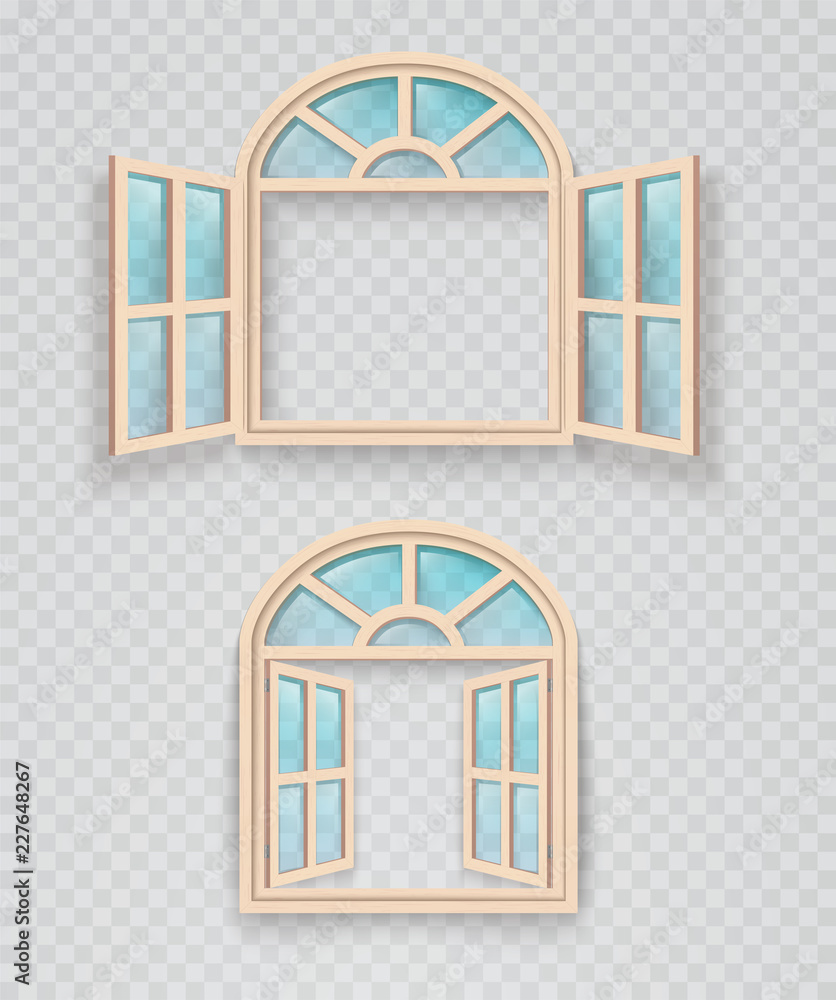 Wooden window open and closed on transparent background. Exterior and ...