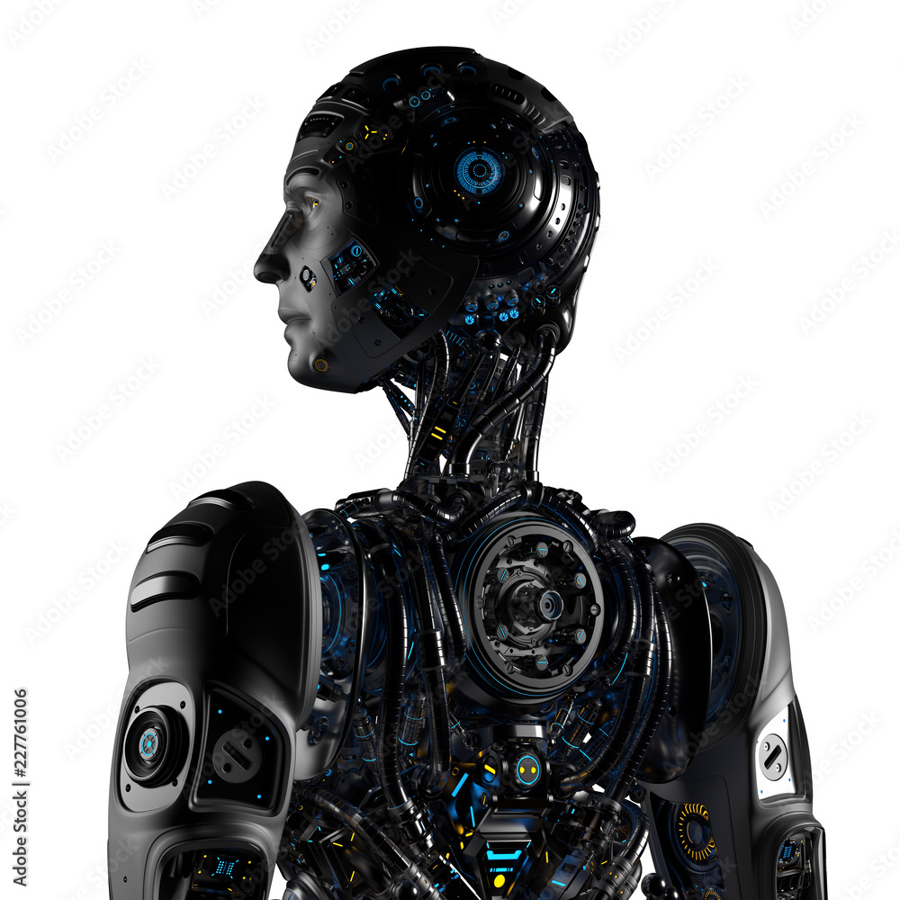 Robot Man or very detailed futuristic cyborg with uncovered internal ...