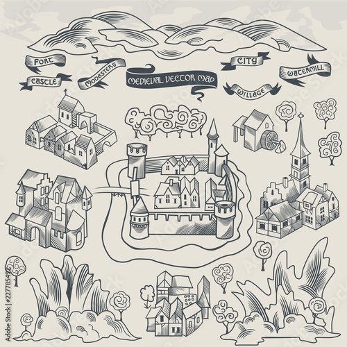 Medieval middle age map elements engraving and woodcut style vector ...