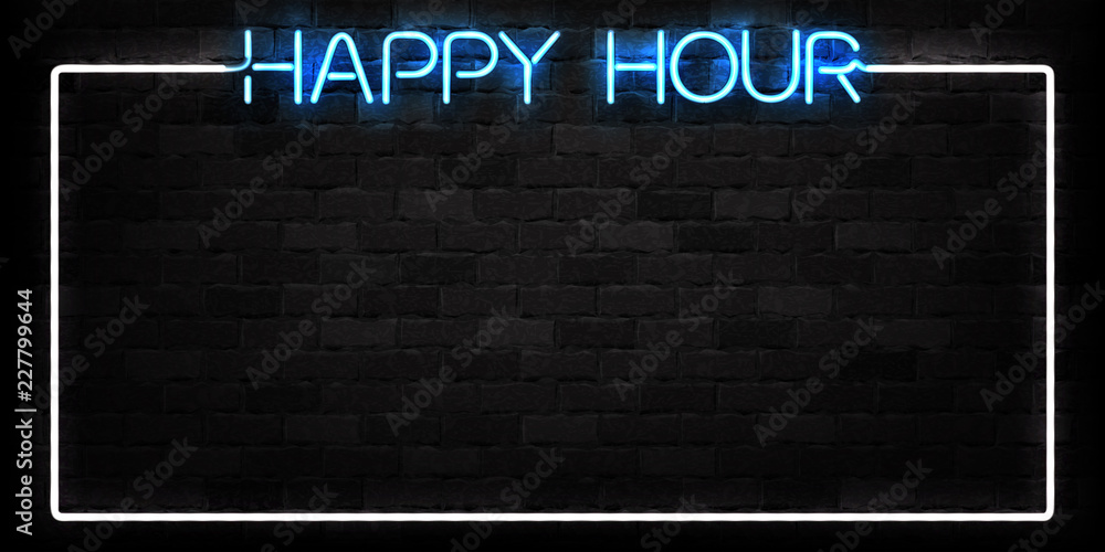 Vector realistic isolated neon sign of Happy Hour frame logo for ...