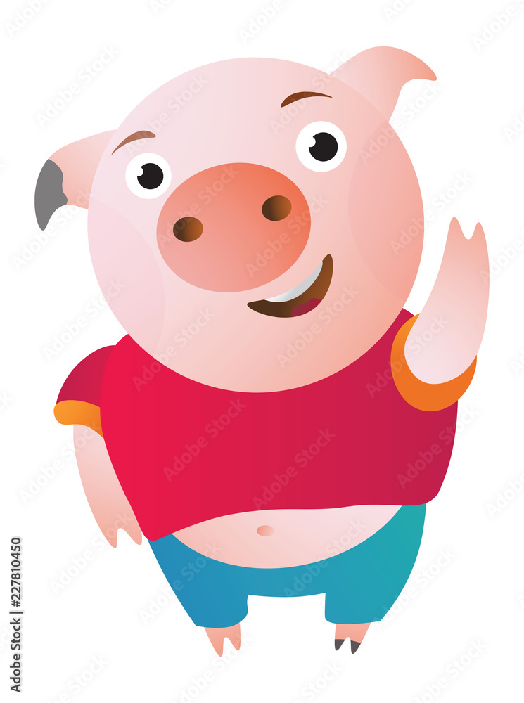 Cute cartoon pig says hi, waving and shy. Vector illustration. Symbol ...