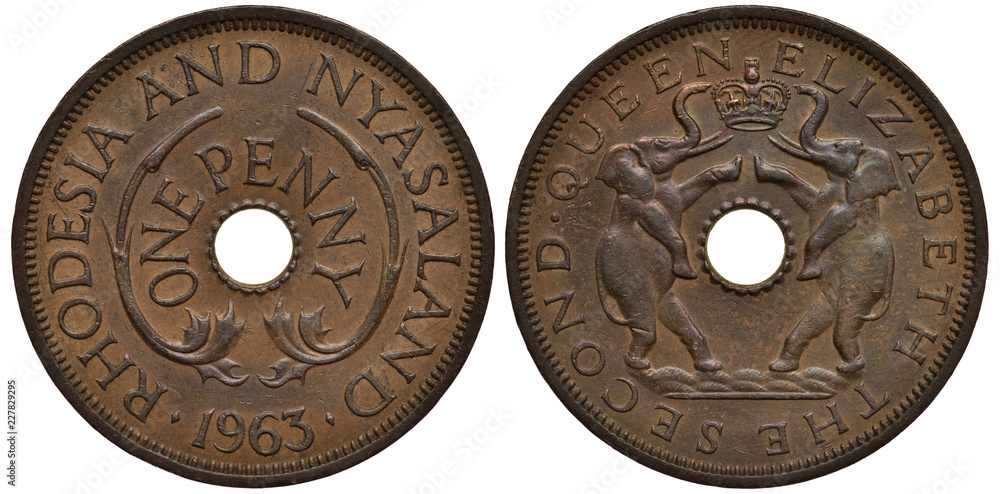 Rhodesia and Nyasaland coin 1 one penny 1963, value surrounds center ...