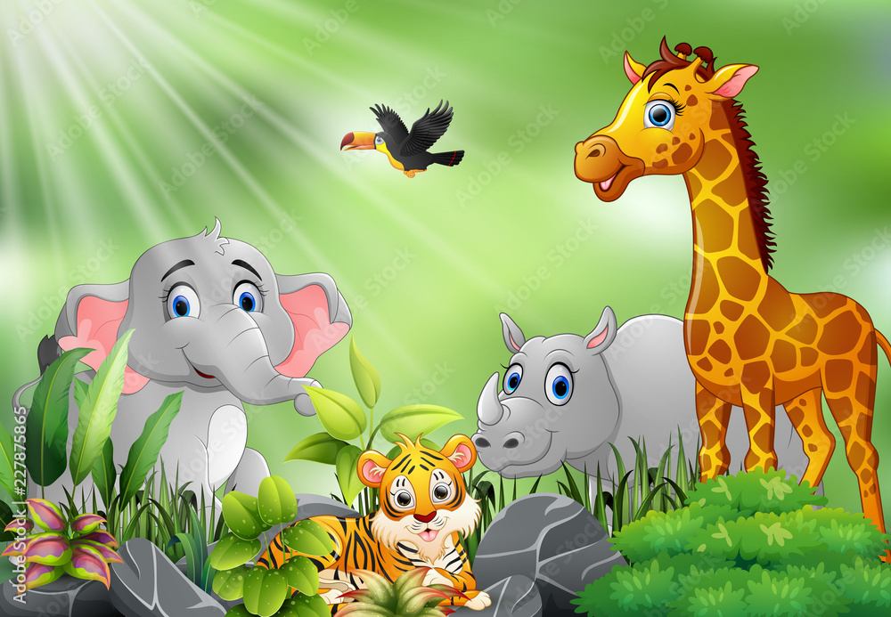Nature scene with wild animals cartoon Stock Vector | Adobe Stock