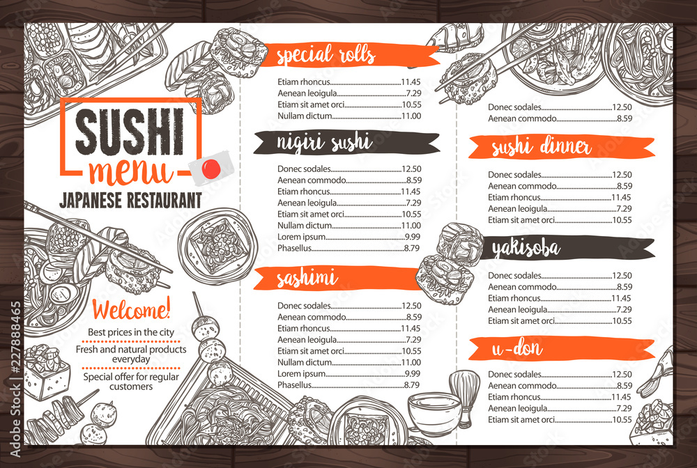 Sushi And Japanese Food Restaurant Menu In Sketch Hand Drawn Style ...