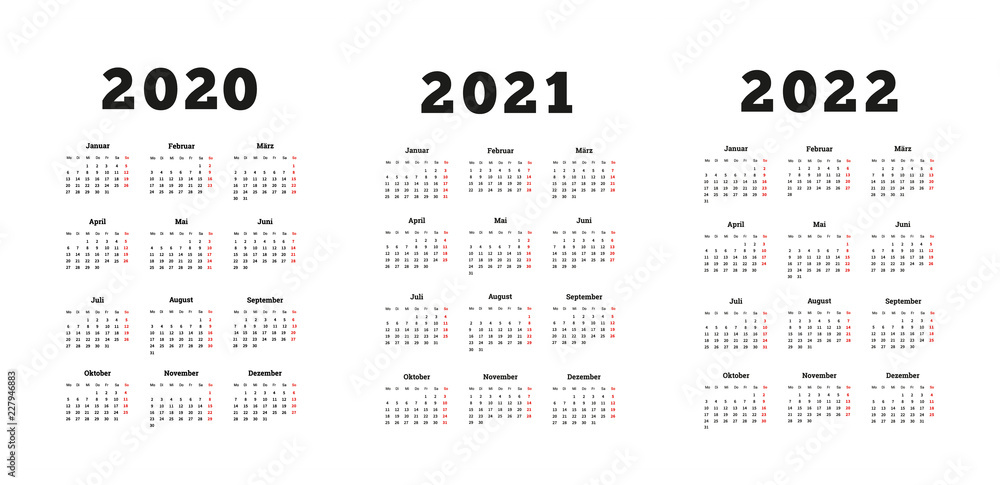 Set of A4 size vertical simple calendars in german at 2020, 2021, 2022 ...