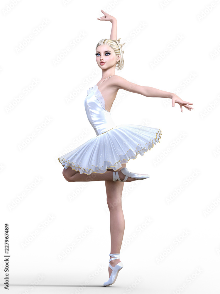 Dancing ballerina 3D. White ballet tutu. Blonde girl with blue eyes ...