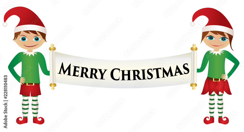Santas elves holding a Merry Christmas banner Stock Vector | Adobe Stock