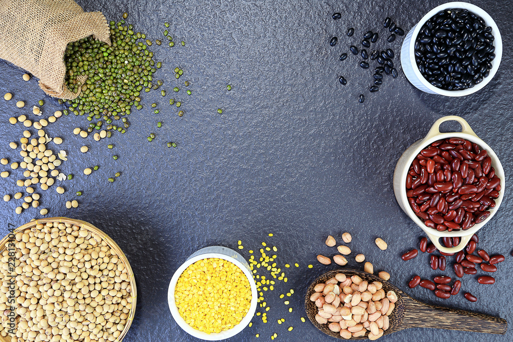 Top view of mixed various nuts include : Kidney bean, Soybean, Mung ...