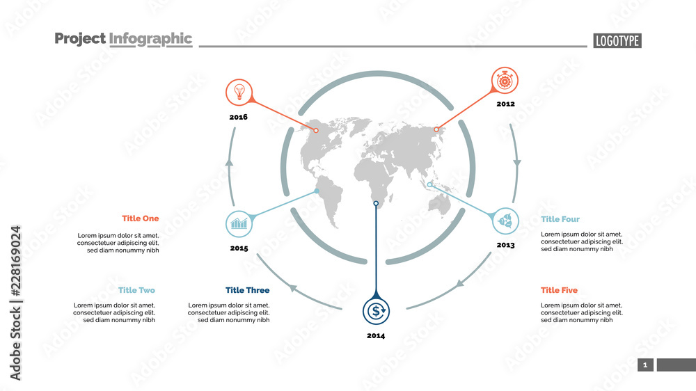 Five world map items process chart slide template. Business data ...