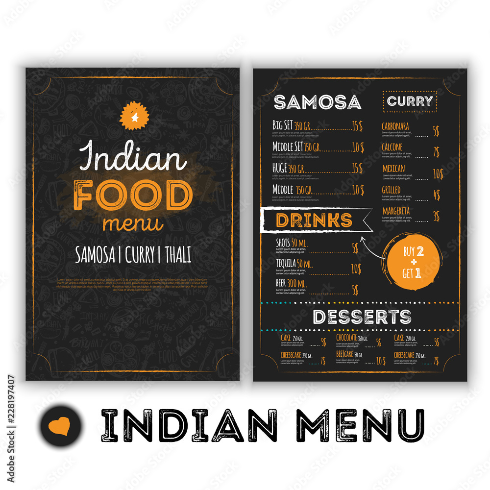 Indian Food menu template with grunge doodles in hand drawn style ...