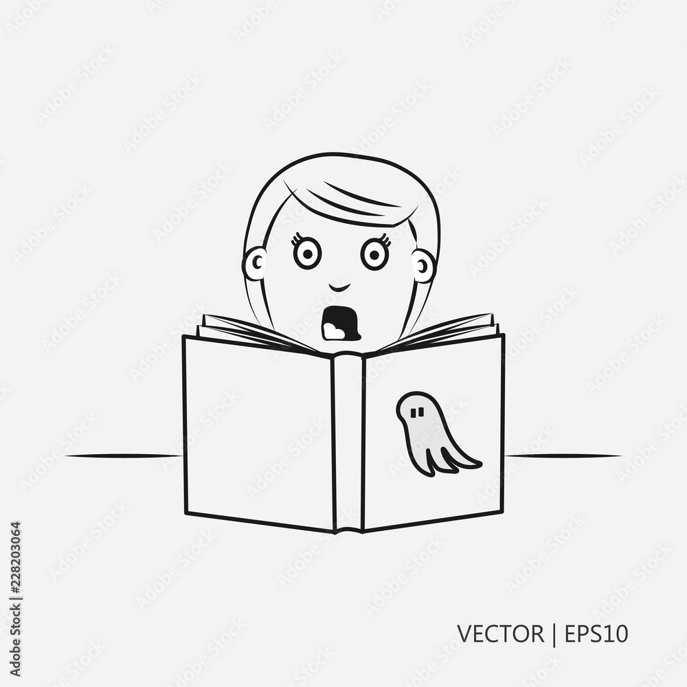 Vector illustration. A girl reading a scary book at night. Horror book ...