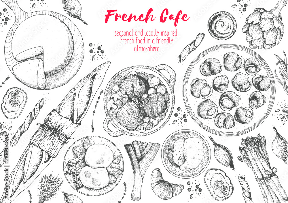 French cuisine top view frame. A set of classic French dishes with ...