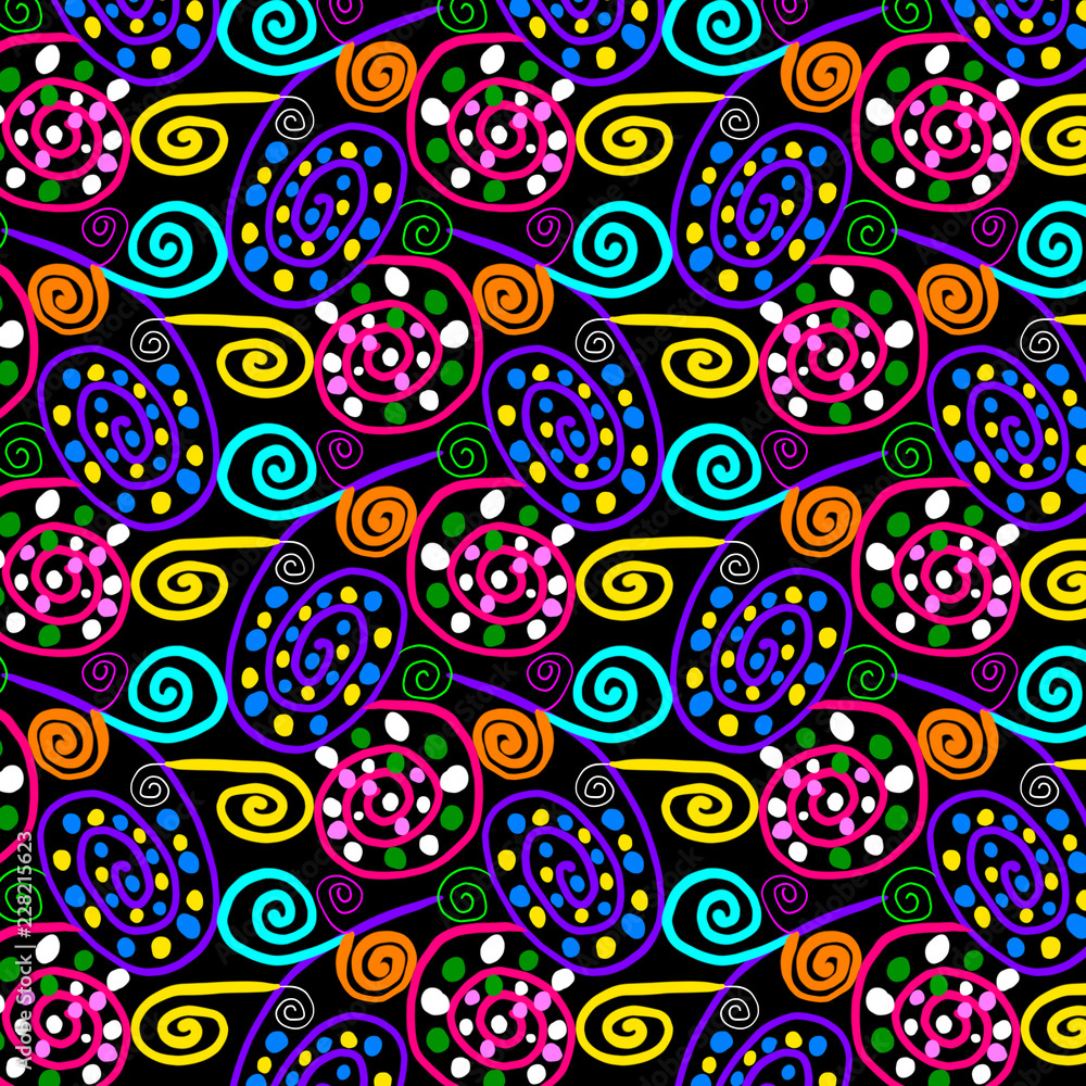 Cool hand doodled cartoonish swirls and dots in repeating bright ...