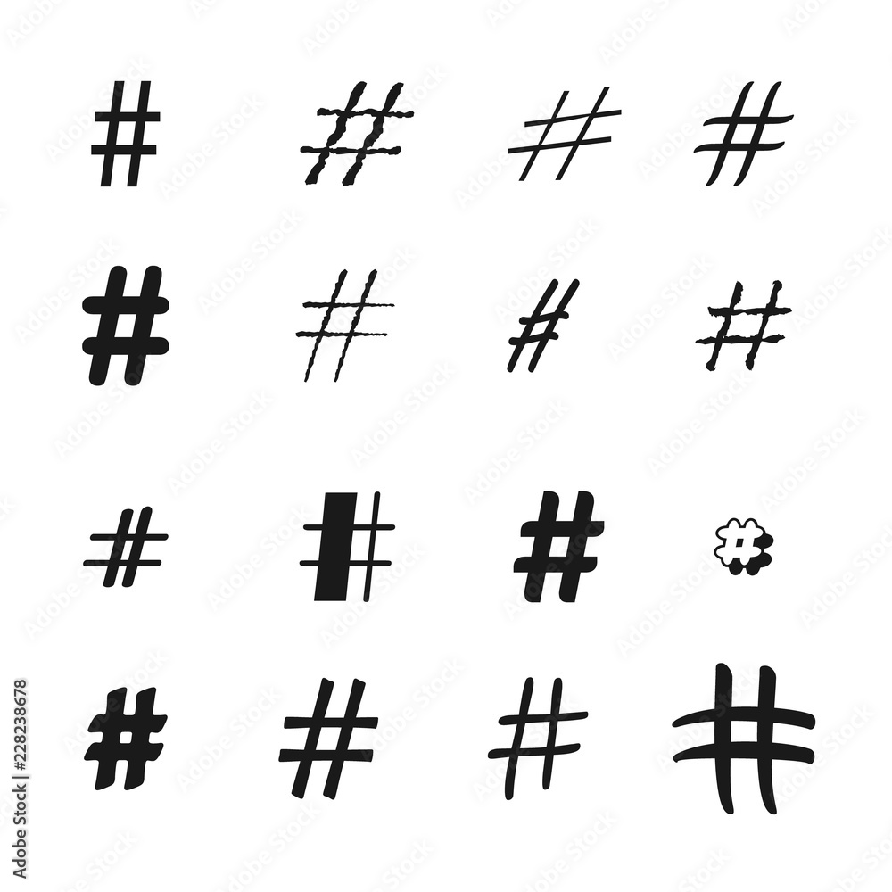 Hashtag signs. Number sign, hash sign. Collection of 16 black symbols ...