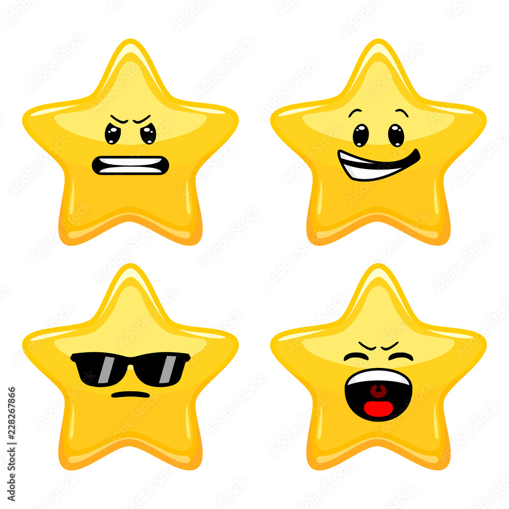 Vector set of star emoticons. Collection of yellow stars with different ...