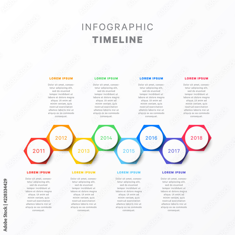 horizontal timeline with eight hexagonal elements, circular year ...
