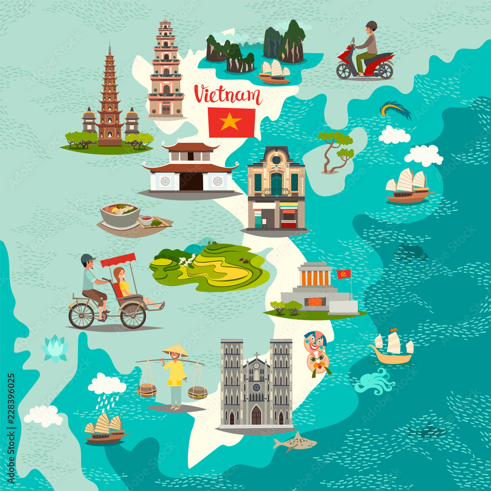 Vietnam abstract map, hand drawn vector illustration. Travel ...