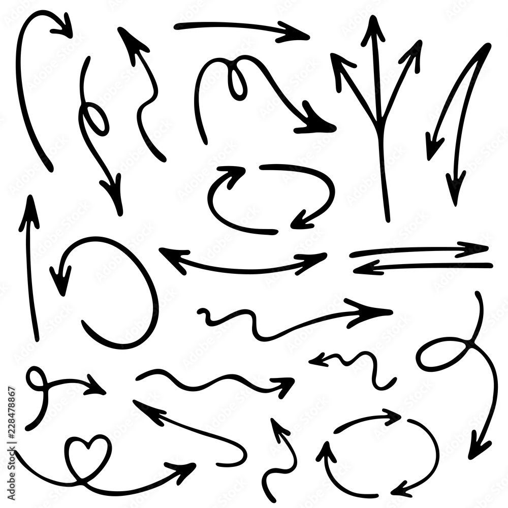 Hand drawn arrow icons vector set. Up and down pen sketch arrows, right ...