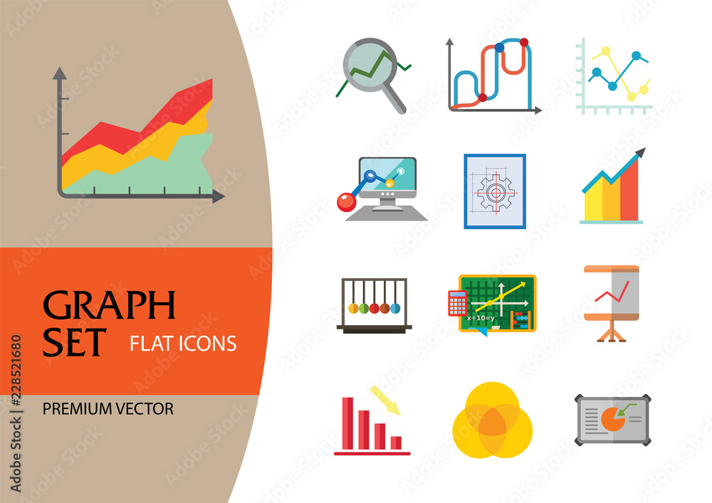 Graph Icon Set. Magnifier And Graph Growing Bar Chart Declining Bar ...