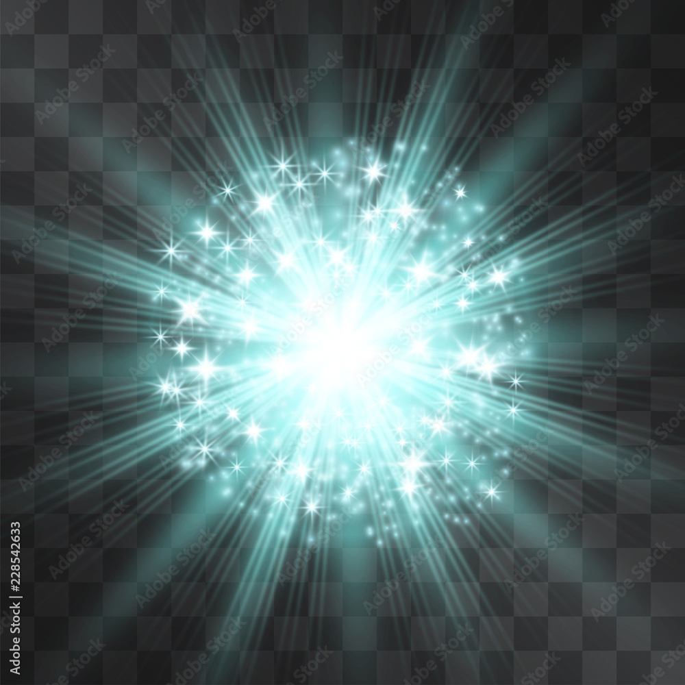 Explosion light effect, burning glitter beams isolated on transparent ...