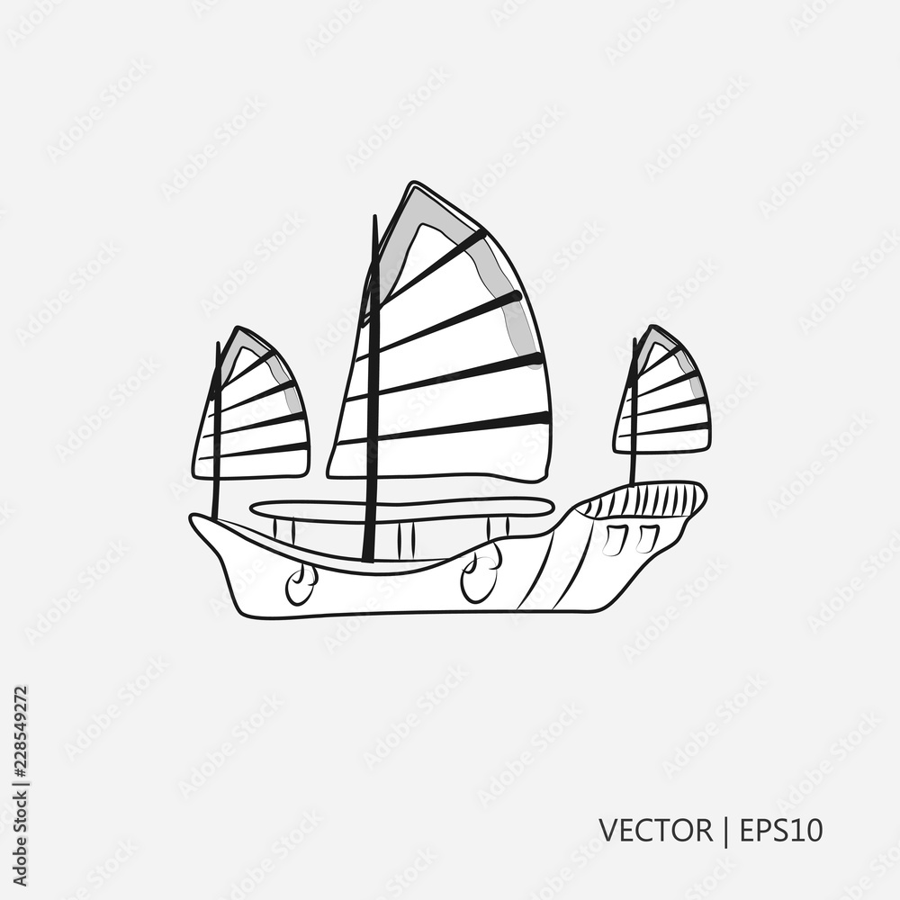 Vector illustration. A junk: an ancient Chinese sailing ship . Sketch ...