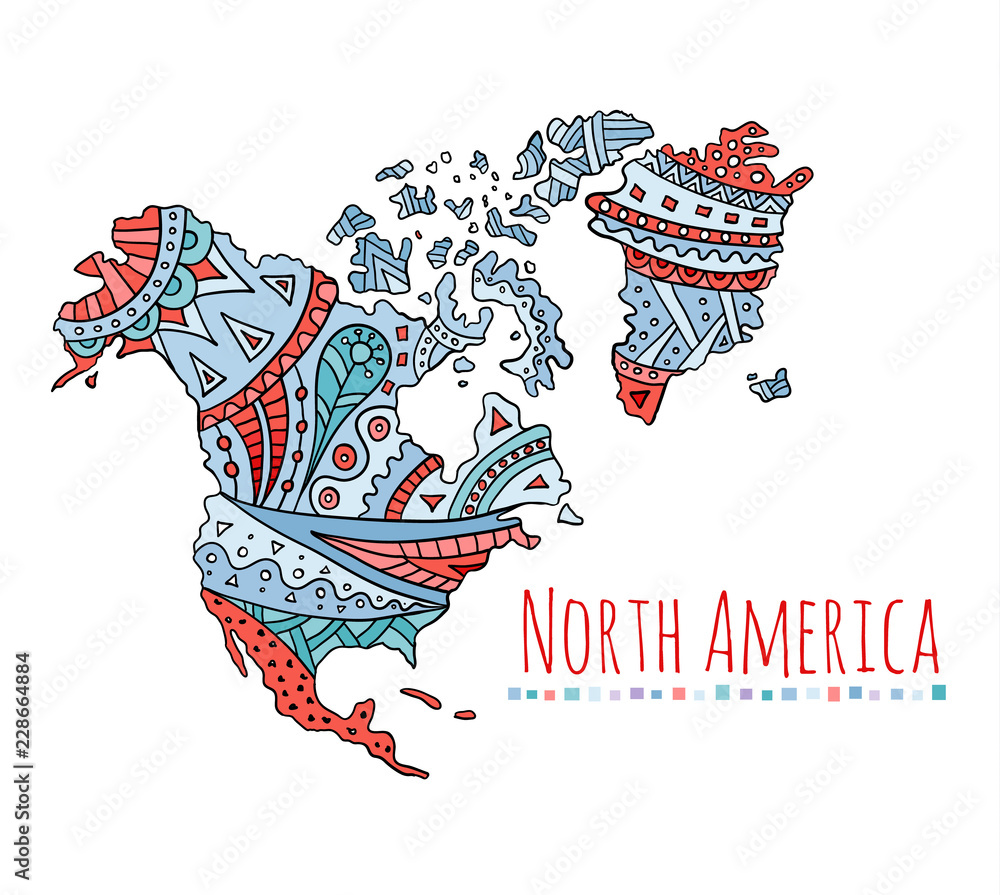 Doodle map of North America. Patterned hand-drawn continent. Vector ...